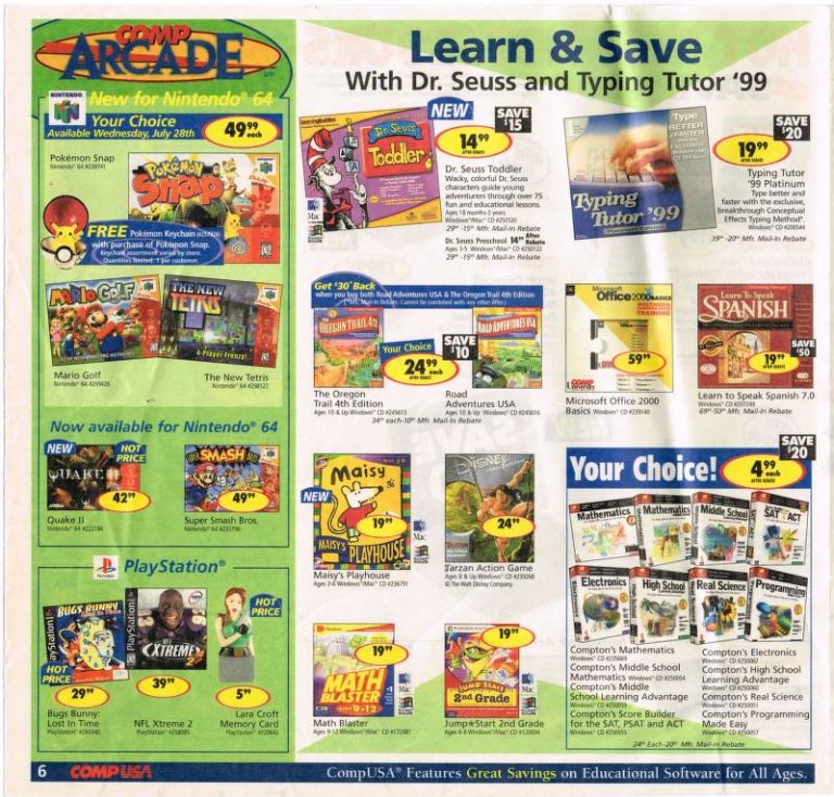 Video game catalog, circular, and newspaper ads from 1999